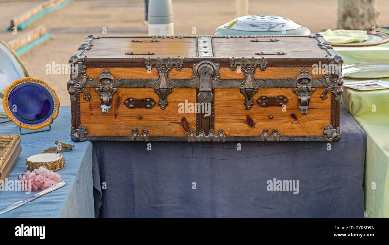 Large Old Wooden Trunk Chest With Metal Reinforcement at Flea Market ...