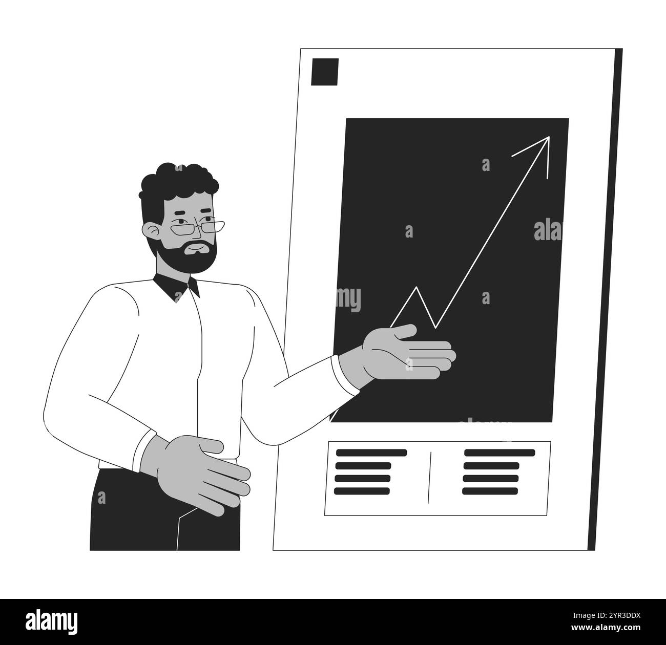 Black businessman demonstrating growth chart black and white 2D line ...
