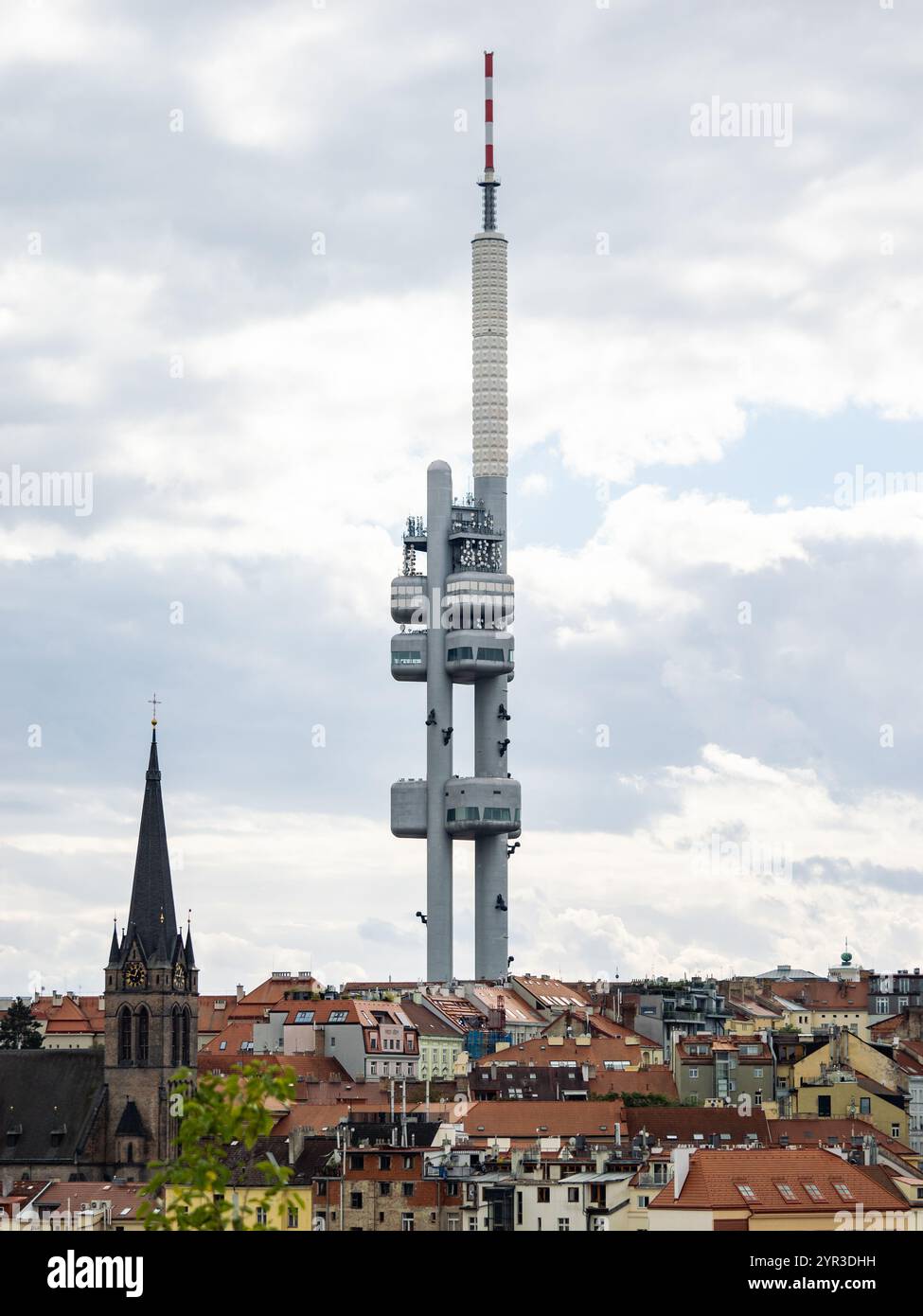 Žižkov Television Tower building above the city of Prague. The famous ...