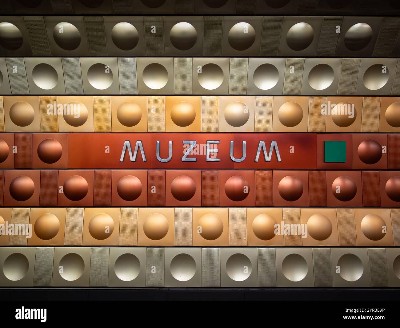 Muzeum metro station in Prague, Czechia. Sign of the location name in ...