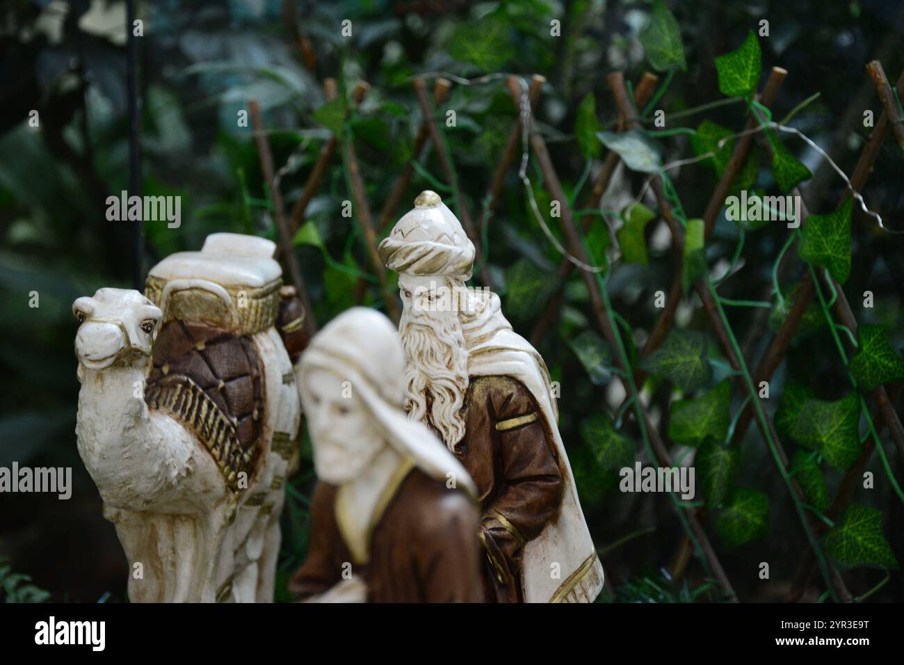 Figures of a nativity scene with a camel with blurred foreground Stock ...