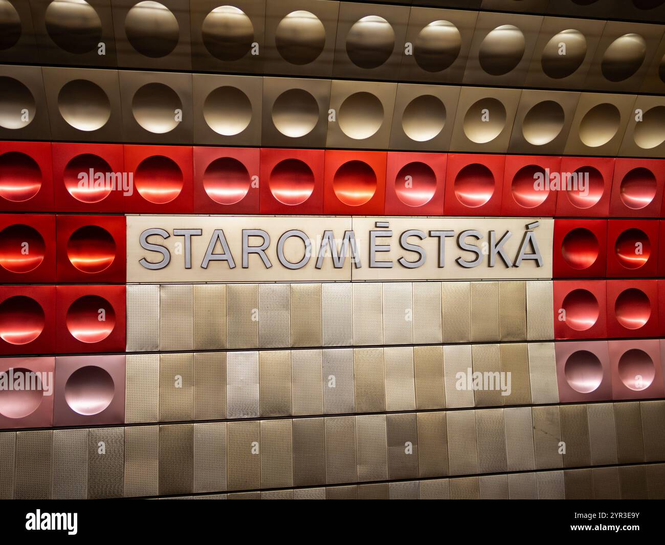 Staroměstská metro station in Prague, Czechia. Sign of the location ...