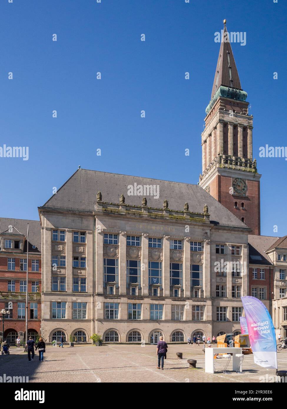 Kiel, Schleswig-Holstein, Kiel City Hall and plaza showing tall clock ...
