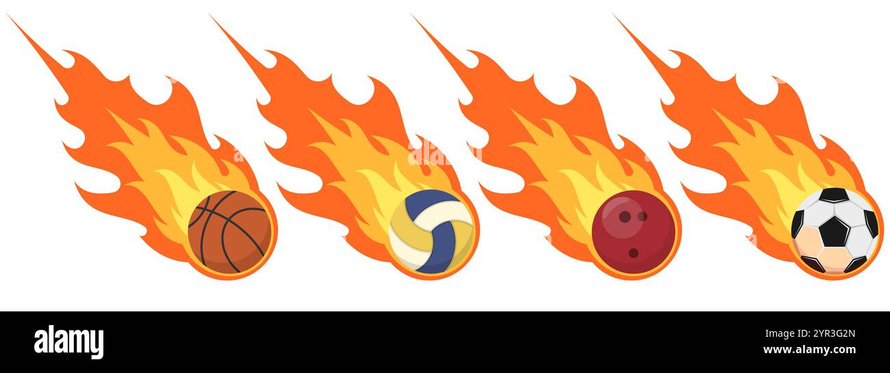 Illustration of various sports balls in motion with fiery flames ...