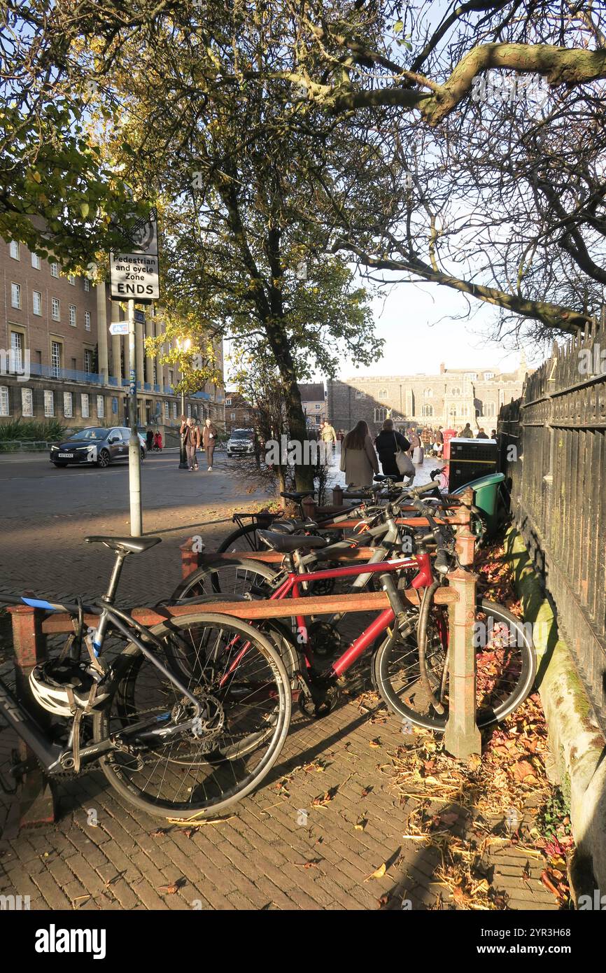 Bicycles chained up outside St Peter Mancroft Church in Norwich Stock ...