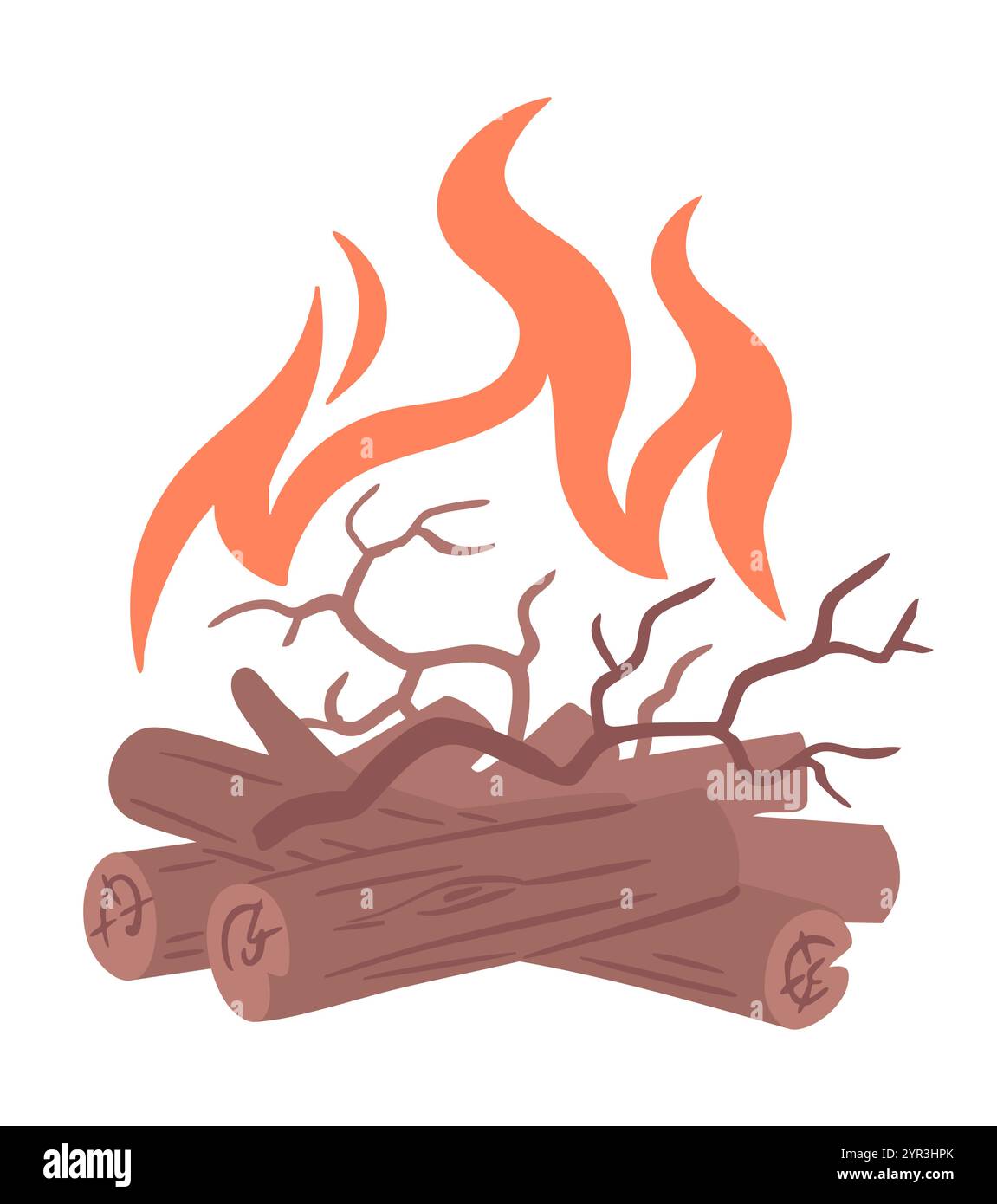 Wood fire. Hiking in the forest. Burning tree branches. Fire hazard ...