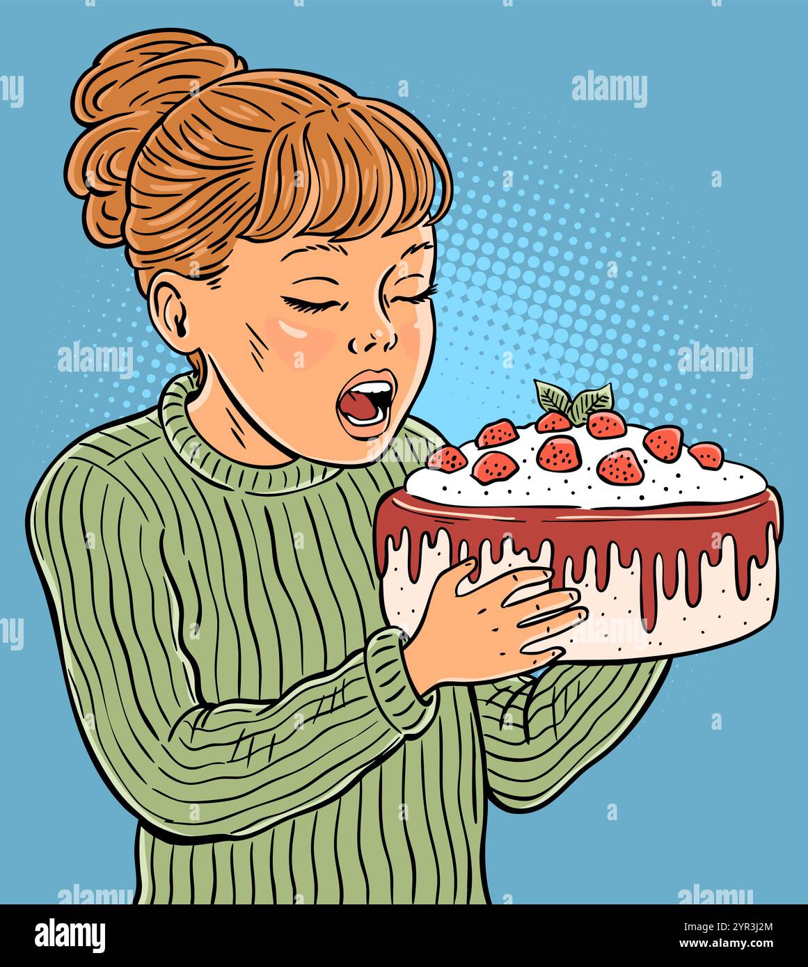 A little girl greedily eats a sweet cake. Childhood and prank. Naughty ...