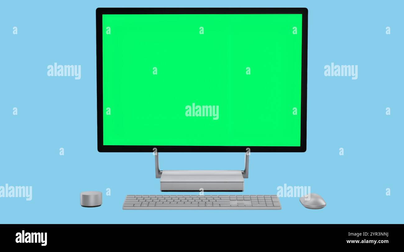 A computer setup featuring a monitor with a green screen, keyboard, and ...