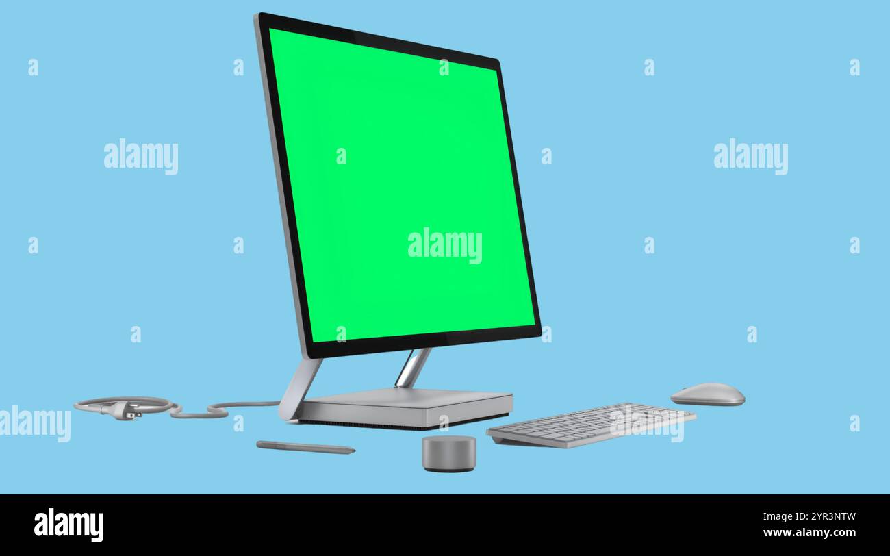 A Computer Setup Featuring A Monitor With A Green Screen Keyboard Mouse And Speaker On A Blue