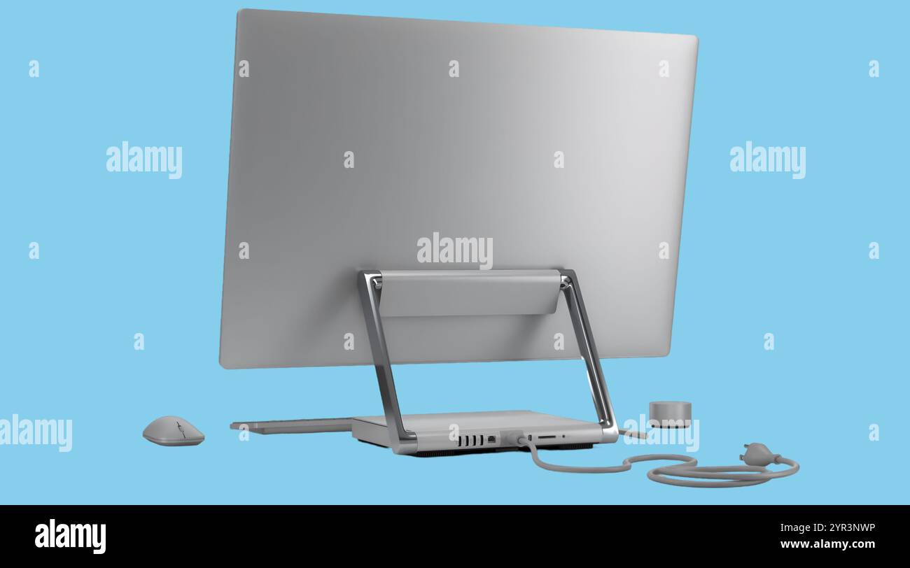 A modern all-in-one computer setup viewed from the back, showcasing its ...