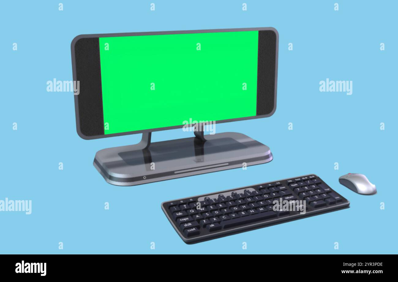 A computer setup featuring a monitor with a green screen, keyboard, and ...