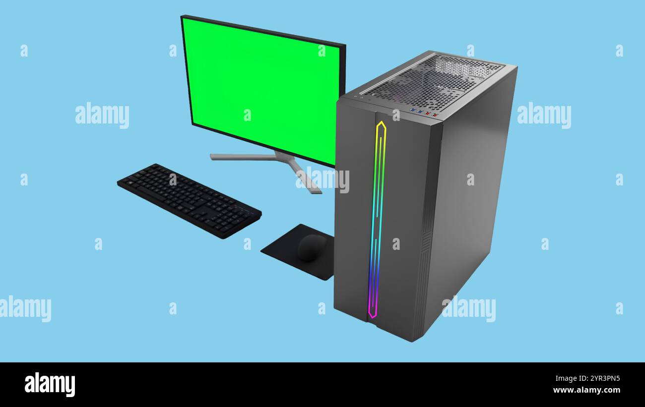 A modern computer setup featuring a tower, monitor with a green screen ...
