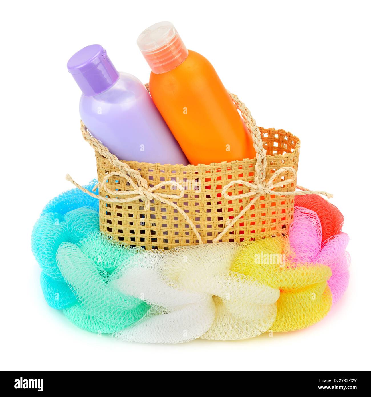 Shampoo, liquid soap and washcloth isolated on a white background. Set ...