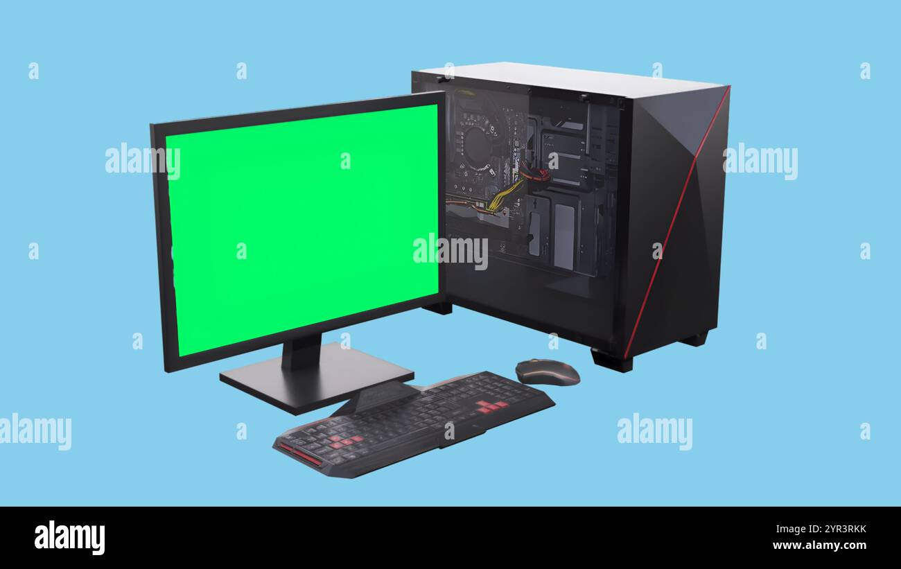 A Computer Setup Featuring A Monitor Keyboard Mouse And An Open