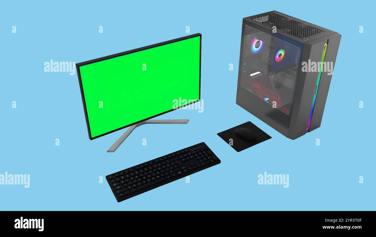 A computer setup featuring a monitor, keyboard, mouse, and gaming tower Stock Photo - Alamy