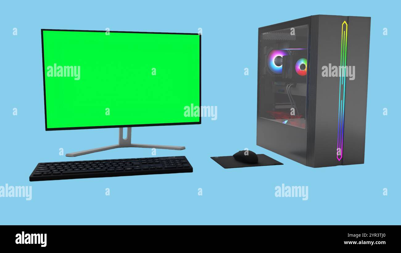 A computer setup featuring a monitor, keyboard, mouse, and a gaming PC ...