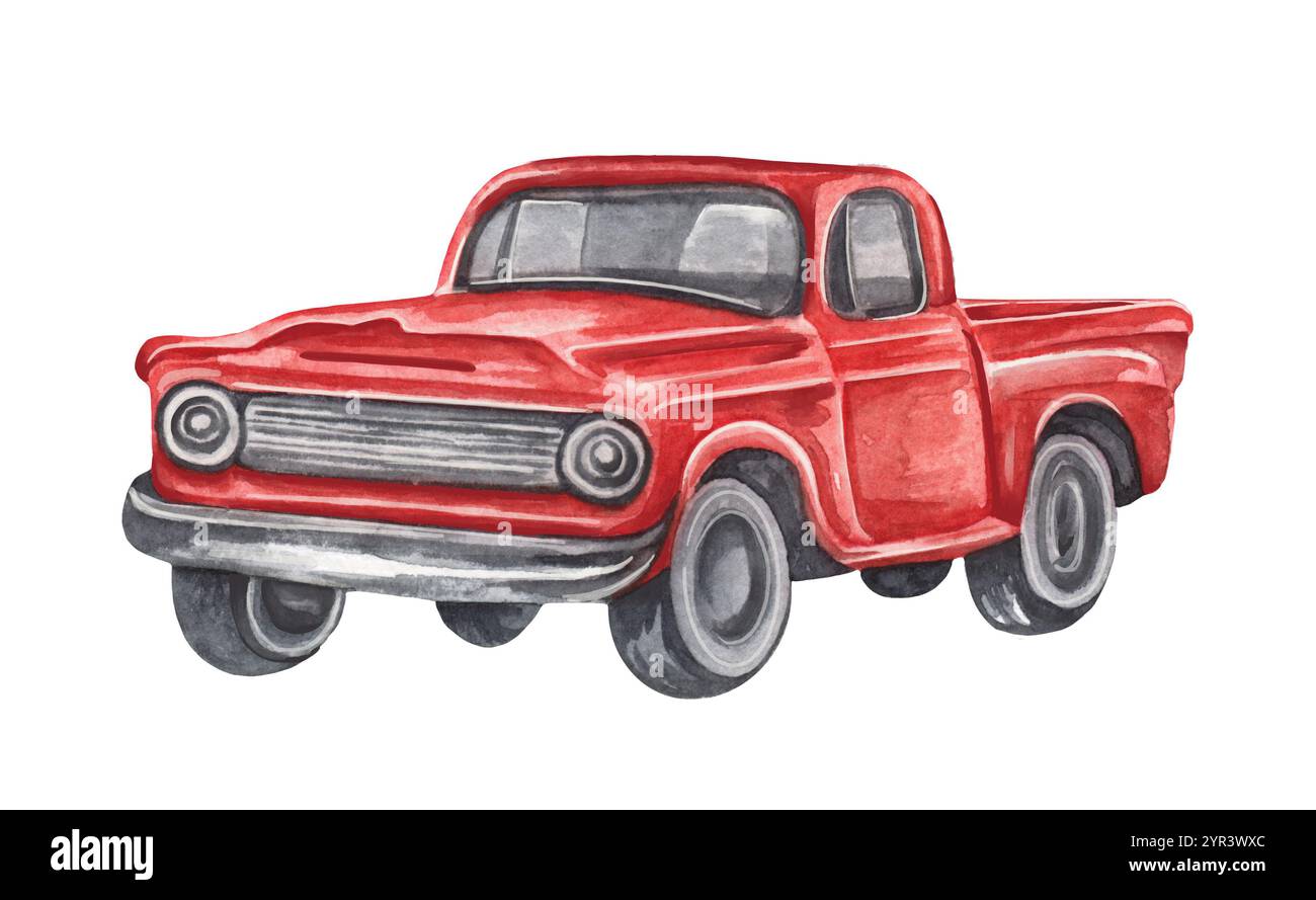 Christmas red truck. Farmhouse vintage car. Winter rustic truck ...