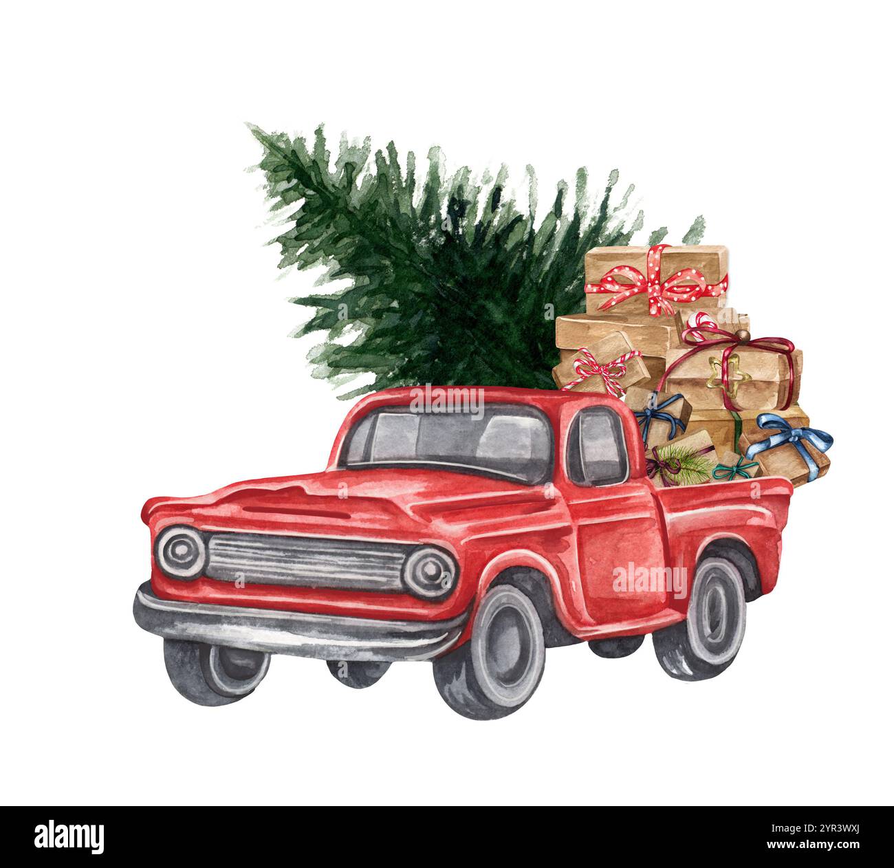 Christmas red truck with presents and Christmas tree. Farmhouse vintage ...