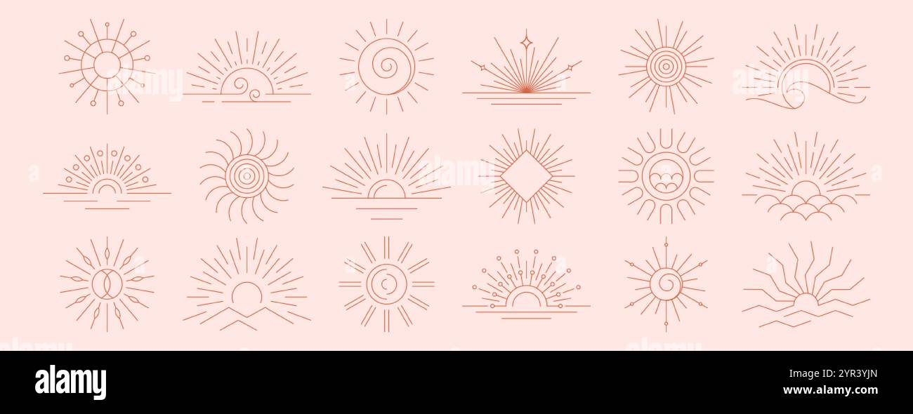 Vector set of linear boho sunrise logo, sunset symbols or sun rays ...