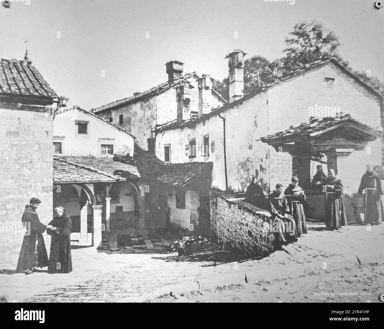 Old black and white photograph of La Verna Sanctuary with friars ...