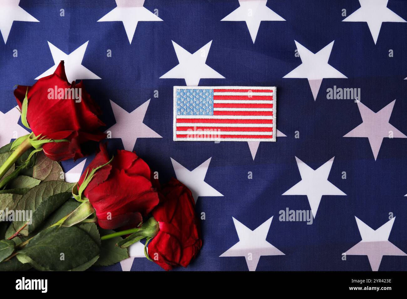 Veterans day. American army patch and rose flowers on USA flag, flat ...