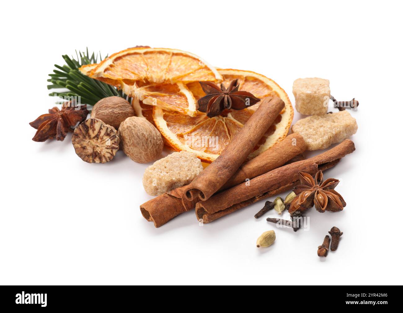 Different aromatic spices isolated on white. Christmas season Stock ...