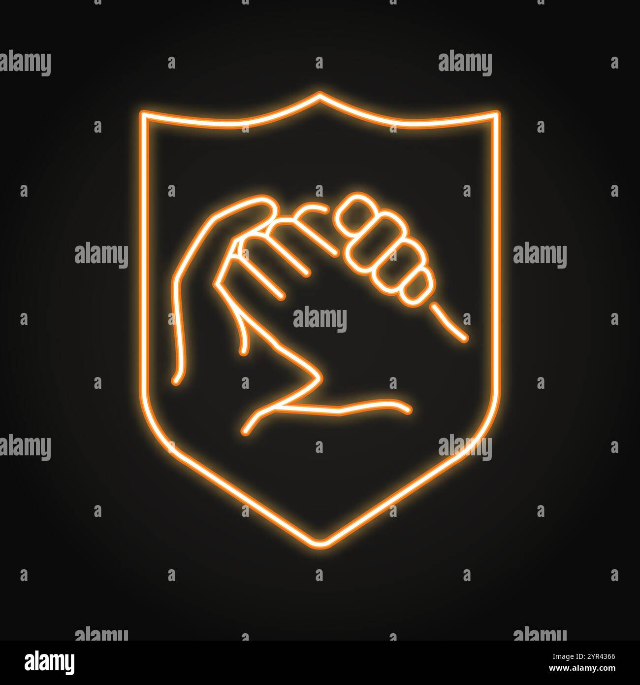 Trust neon icon. Partnership, agreement. Two shaking hands in a shield ...