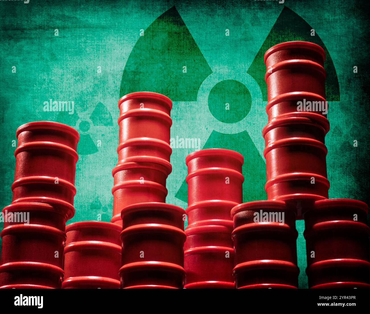 Danger from radiation: Stack of red barrels in front of warn sign for ...