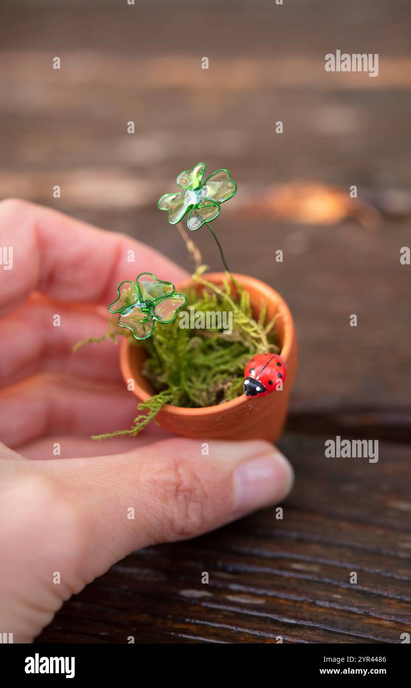 Miniature Clay Pot with Four-Leaf Clovers and Ladybug - Handmade ...