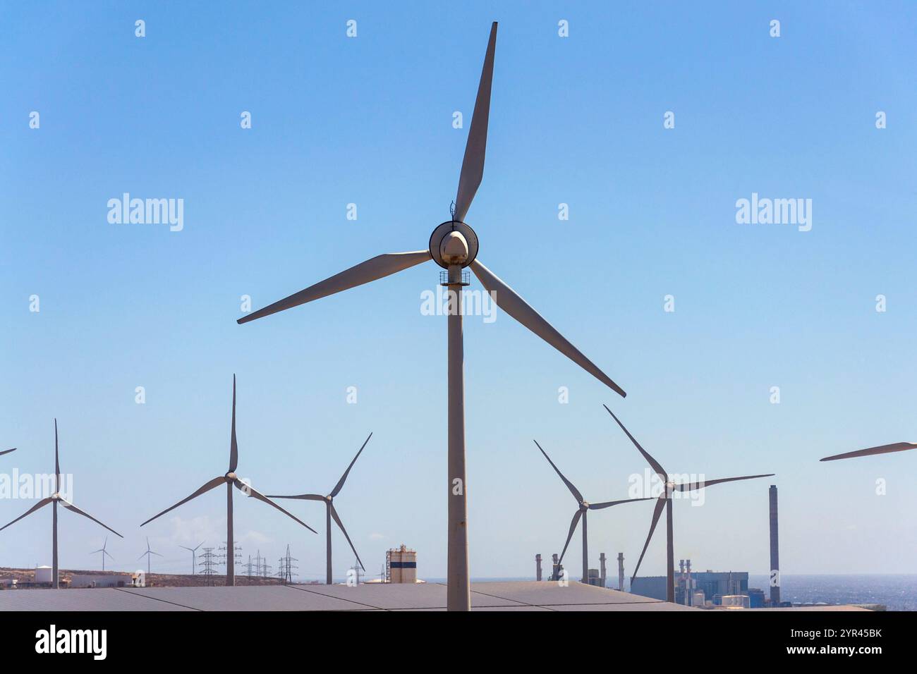 Onshore wind turbines, sustainable renewable electricity concept Stock ...