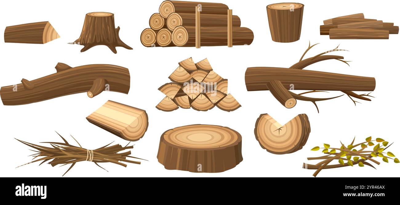 Cartoon firewood pile set. Firewood logs lumber twigs branches ...