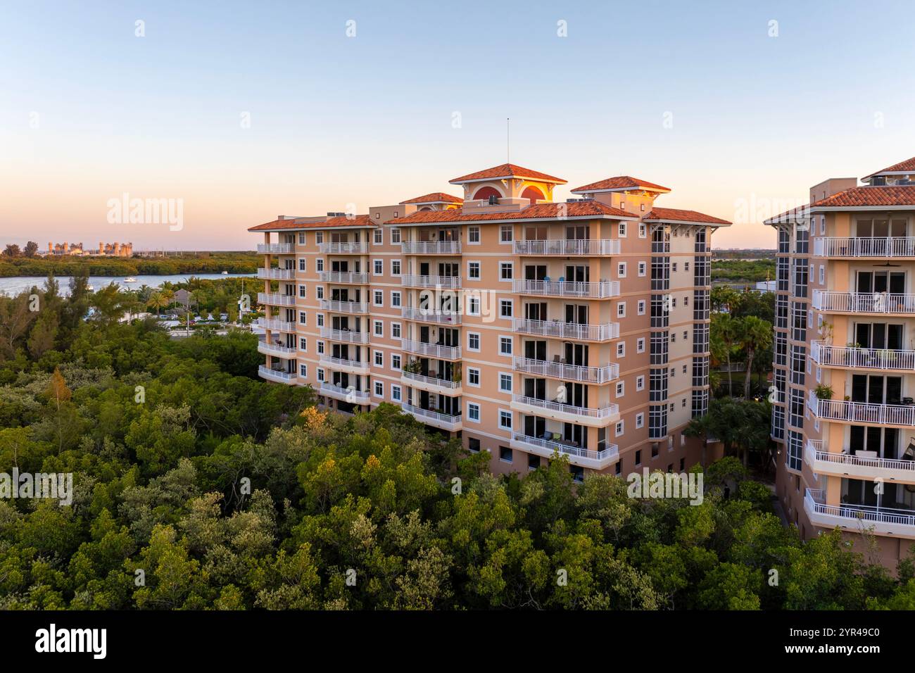 Aerial view of American apartment building in Florida residential area ...