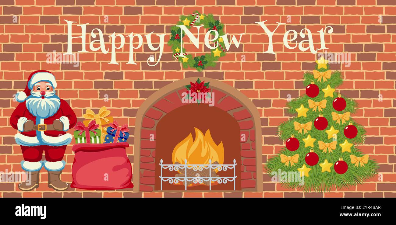 Santa Claus with gift sack, decorated Christmas tree, and lit fireplace ...