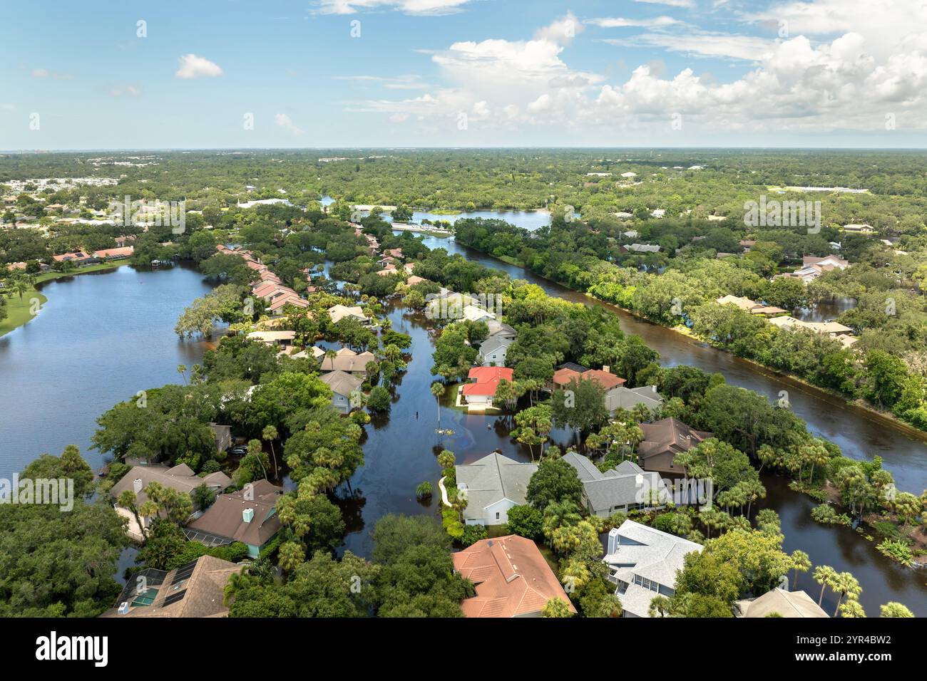 Flooded residential area with underwater houses from hurricane rainfall ...