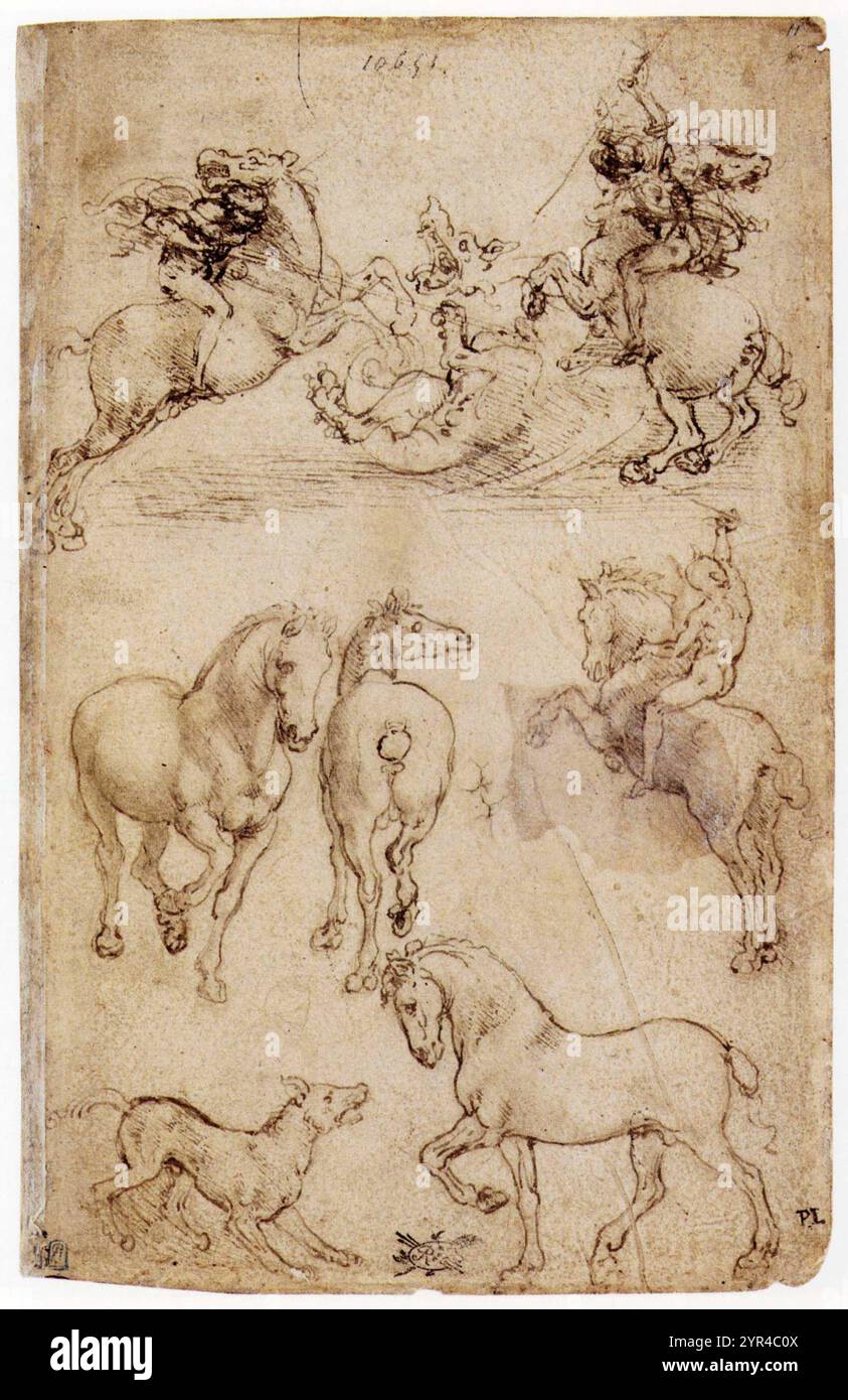 LEONARDO DA VINCI.1452-1519.TWO HORSEMEN FIGHTING A DRAGON .A HORSEMAN ...