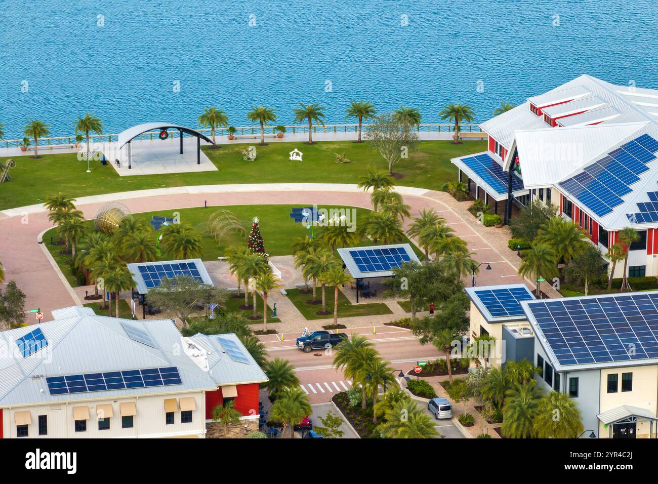 Florida office buildings with solar roof in small autonomous town. Blue ...