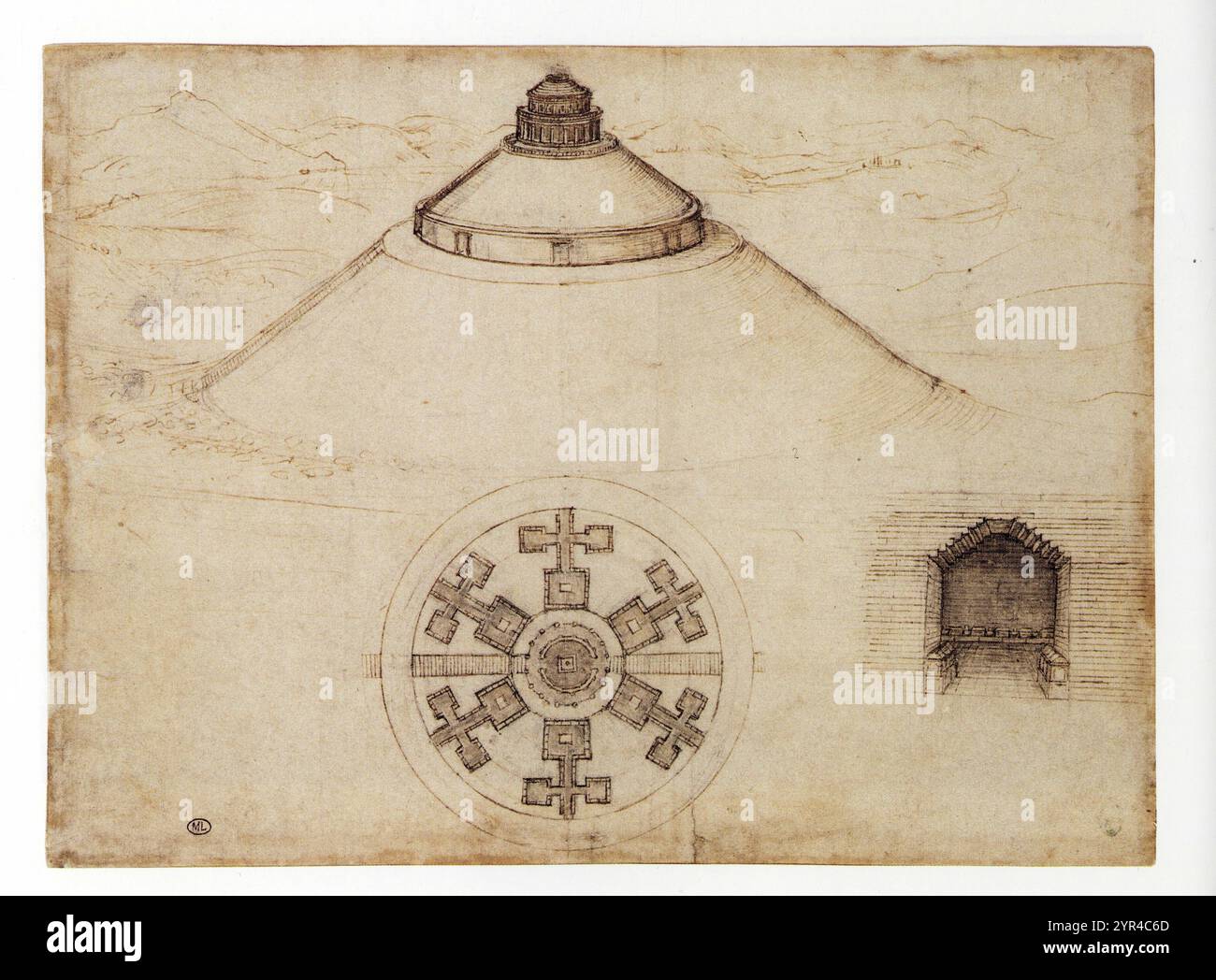 LEONARDO DA VINCI.1452-1519.DESIGN FOR A CENTRAL-PLAN TOMB.ELEVATION ...