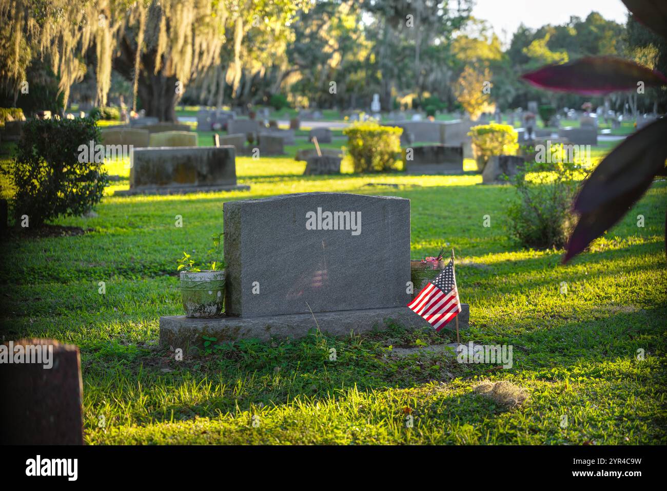Grave tombstones in old cemetery in shade of southern oak trees on ...