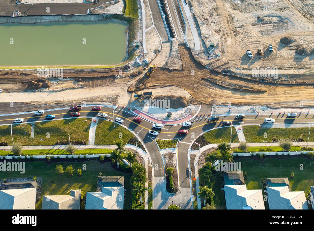Industrial roadworks. Roundabout on wide American highway under ...