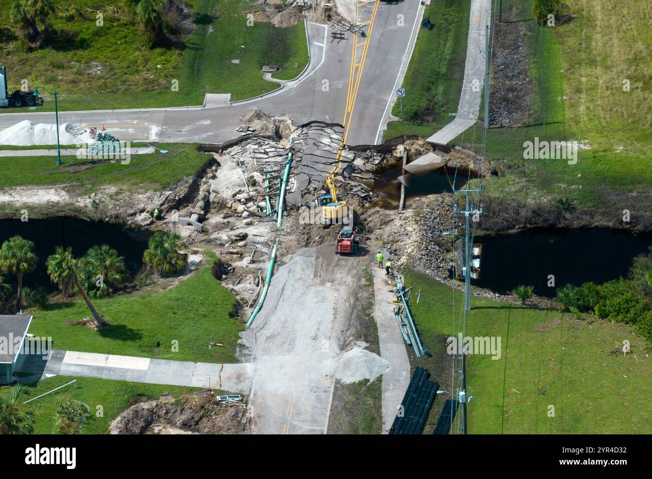 Repair of destroyed bridge after hurricane flood in Florida ...