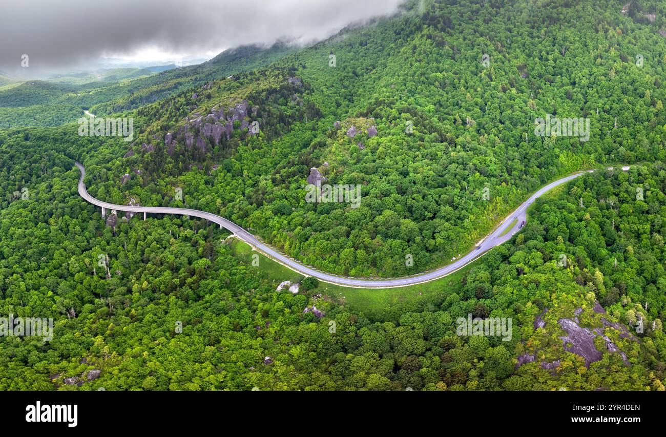 Road trip driving on Linn Cove Viaduct in Appalachian mountains ...
