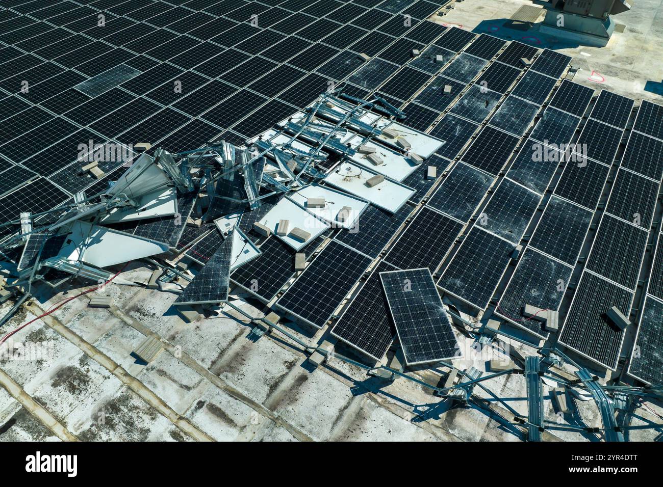 Top view of destroyed by hurricane Ian photovoltaic solar panels ...