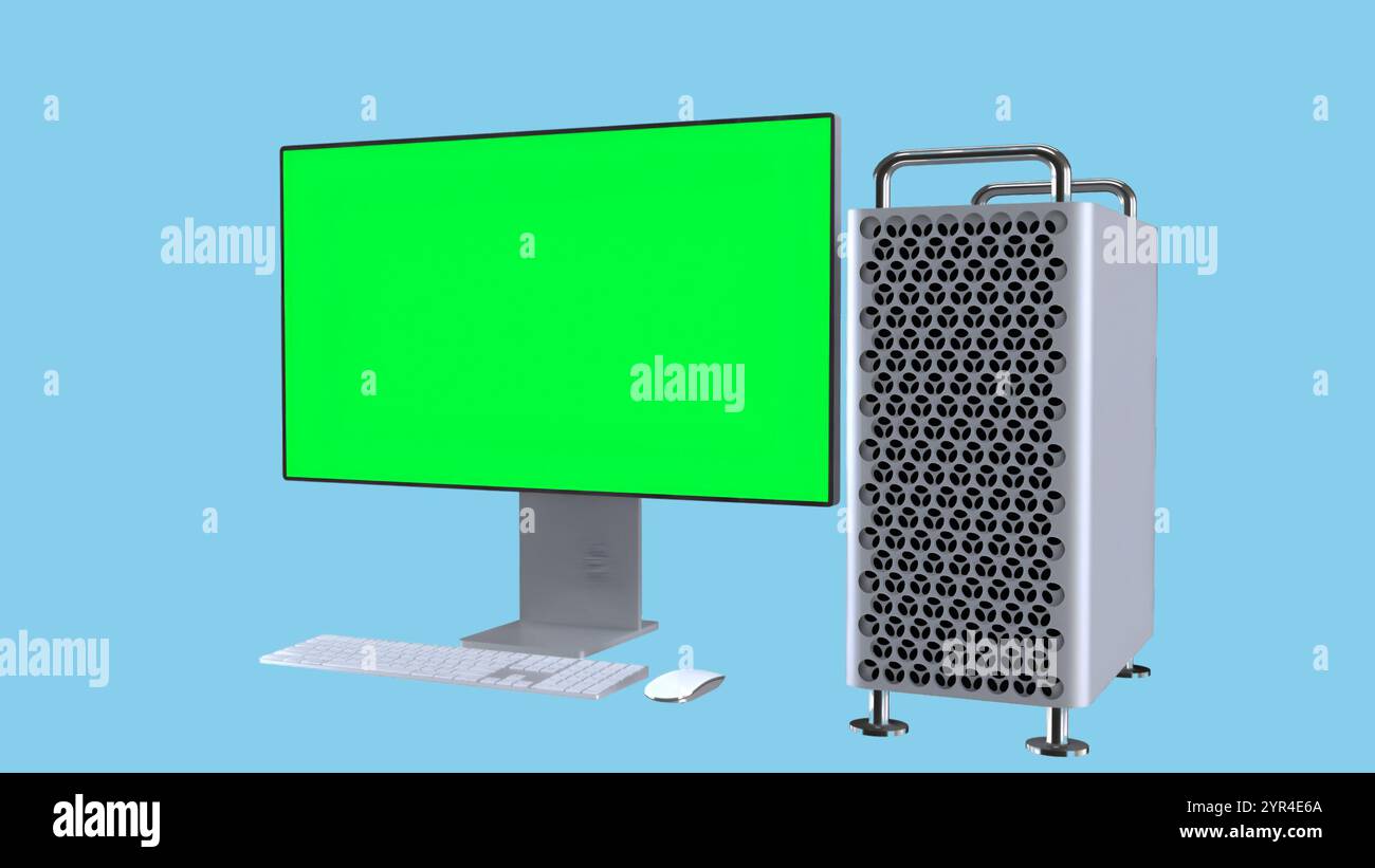 A computer setup featuring a monitor with a green screen, keyboard, mouse, and a high ...