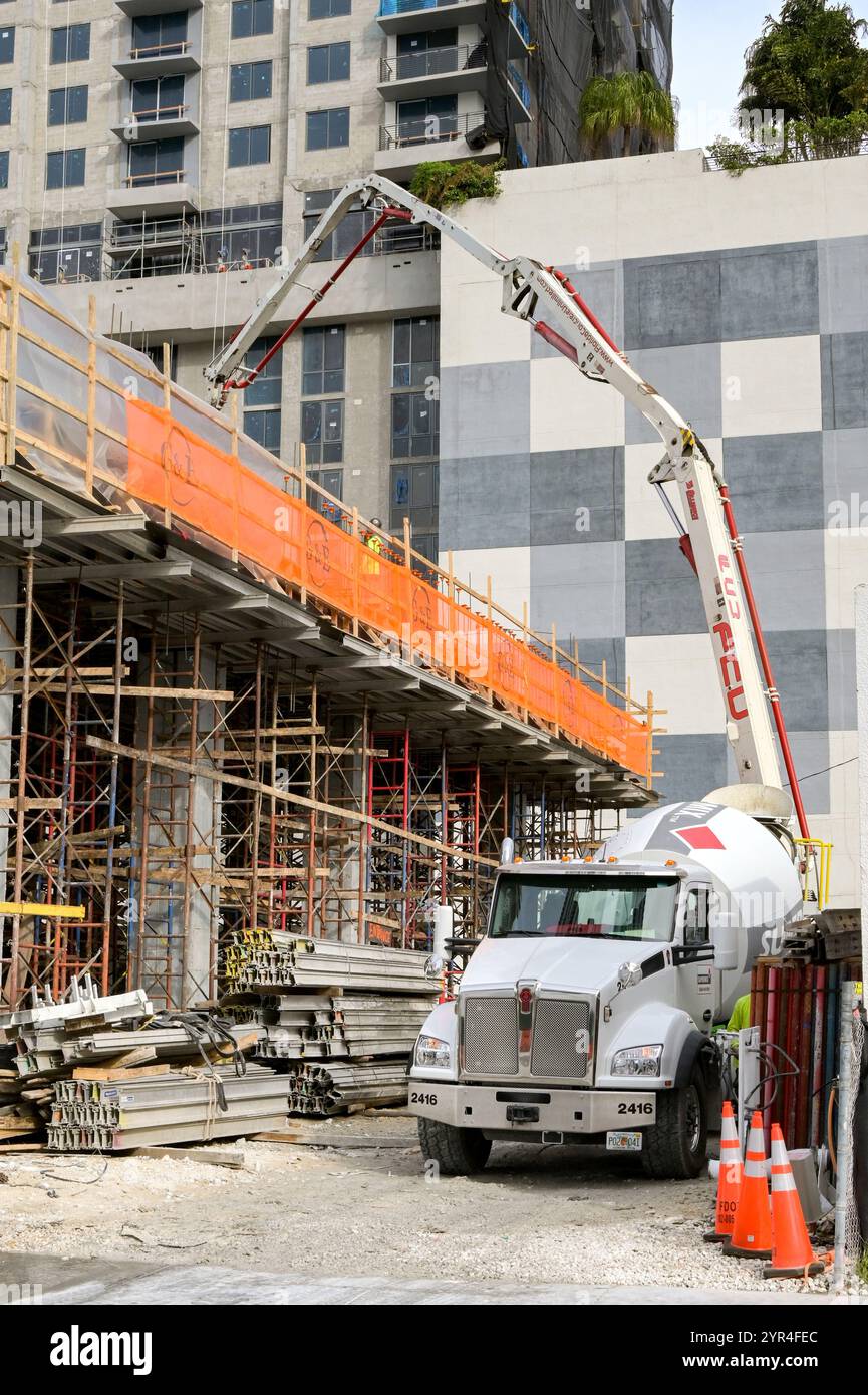 Miami, Florida, USA - 2 December 2023: Concrete mixer on a construction ...
