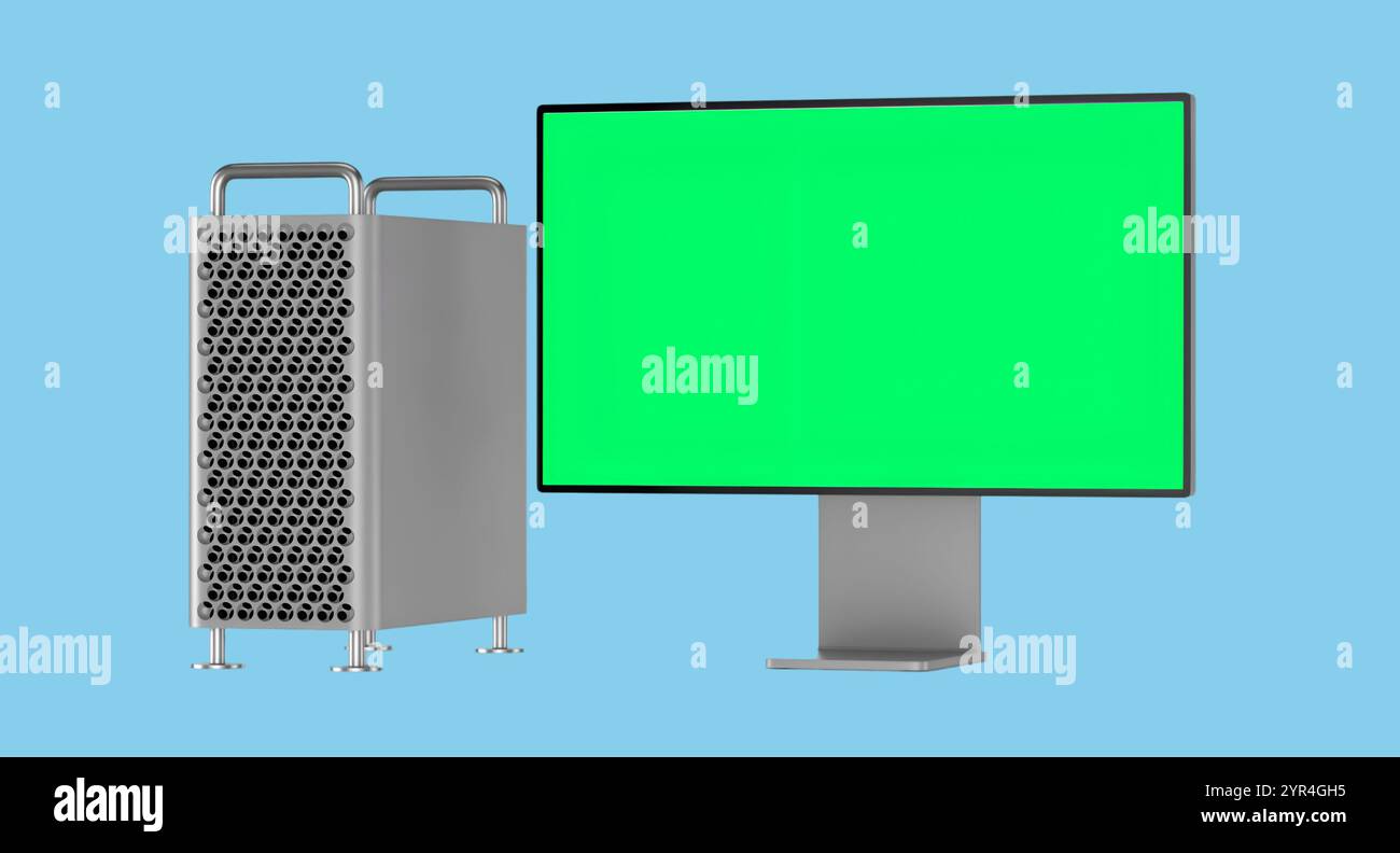 A sleek computer tower next to a large monitor with a green screen ...