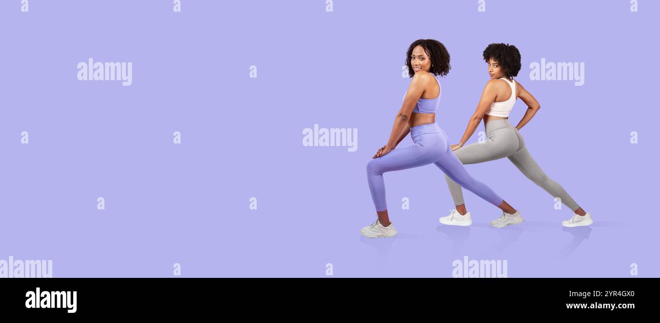 Women exercising in colorful activewear on a purple background for ...