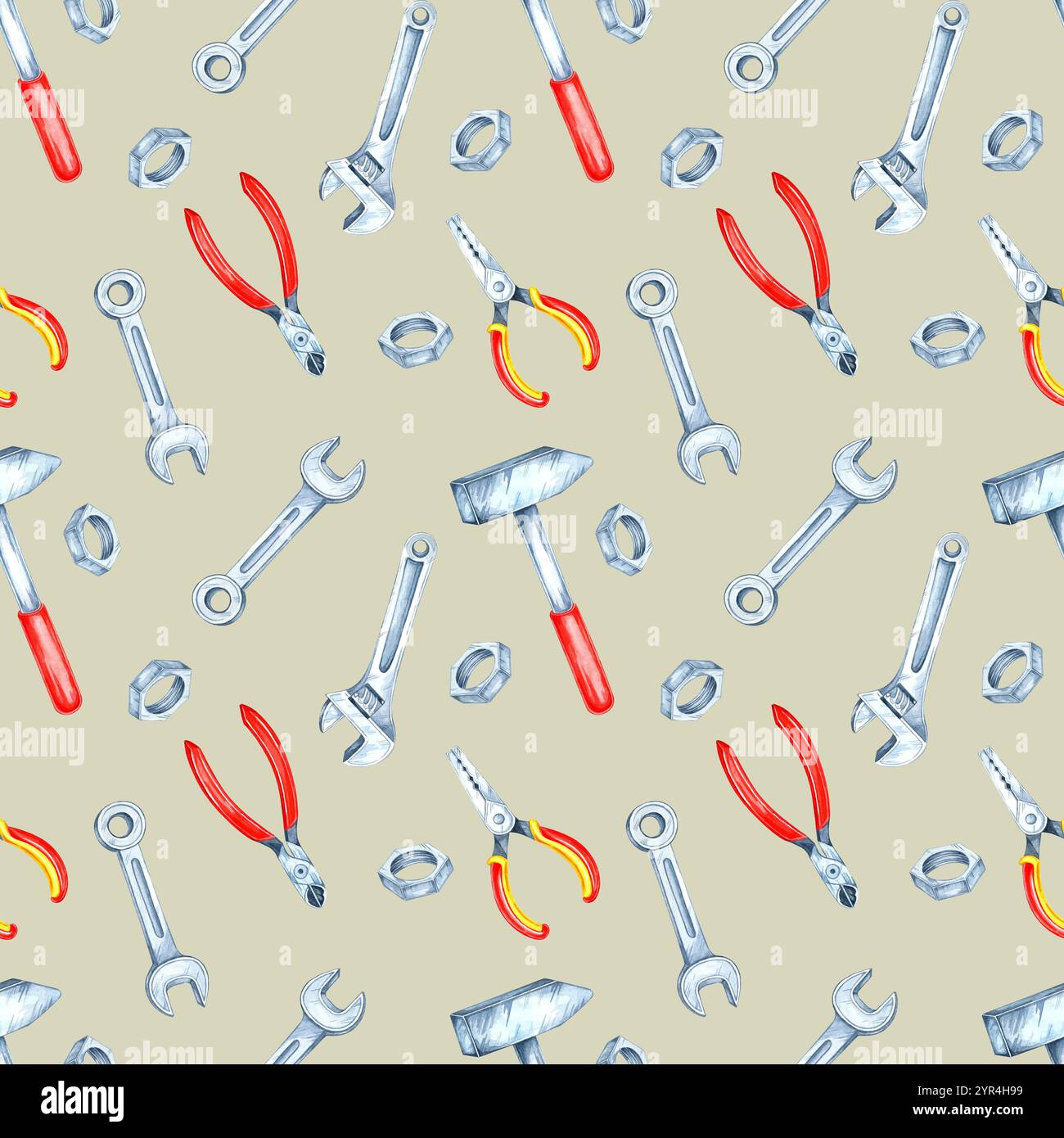Silver wrenches, bolts, and pliers with red-handled tools on a beige ...