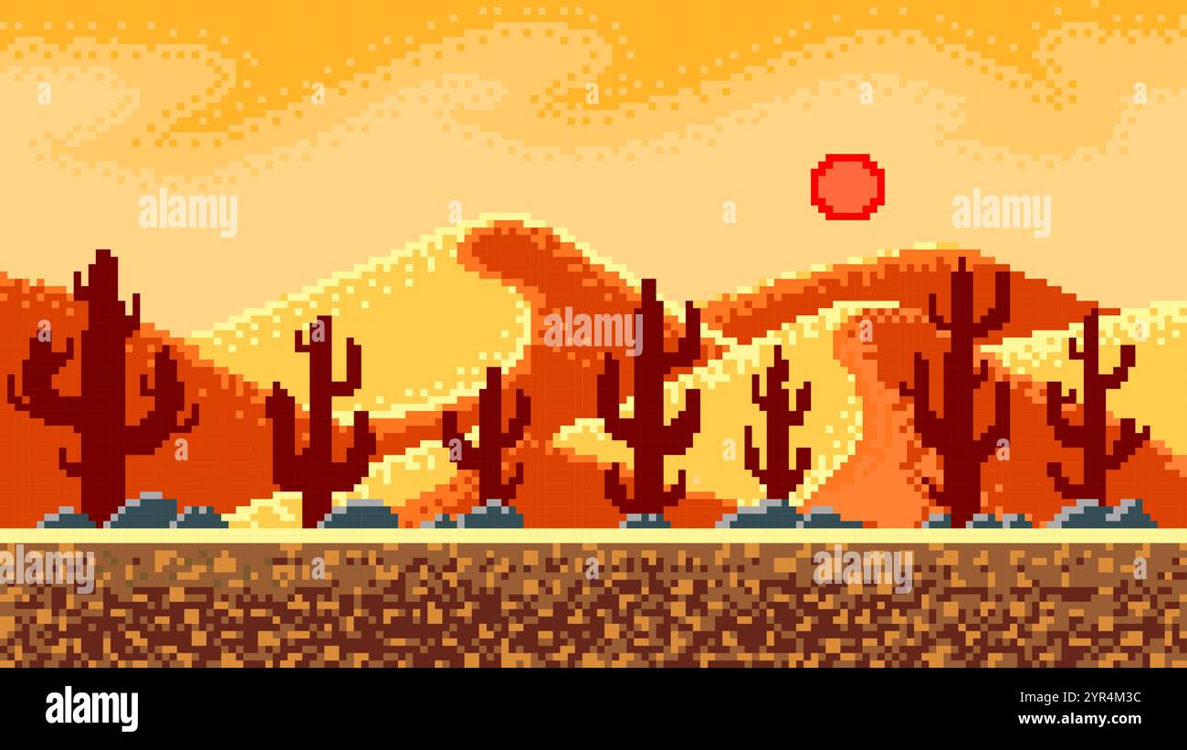 Cacti and mountains in the desert. Pixel art 8 bit objects. landscape ...