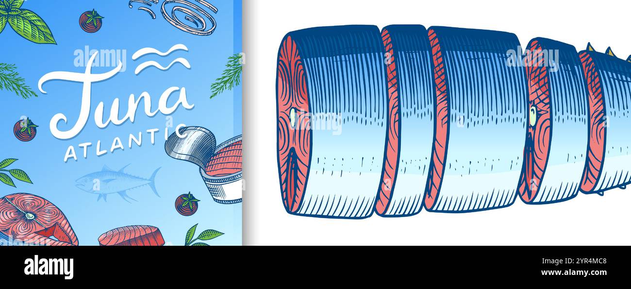 Tuna seafood banner. Fishes sketch poster. Retro ink style. Freshwater ...