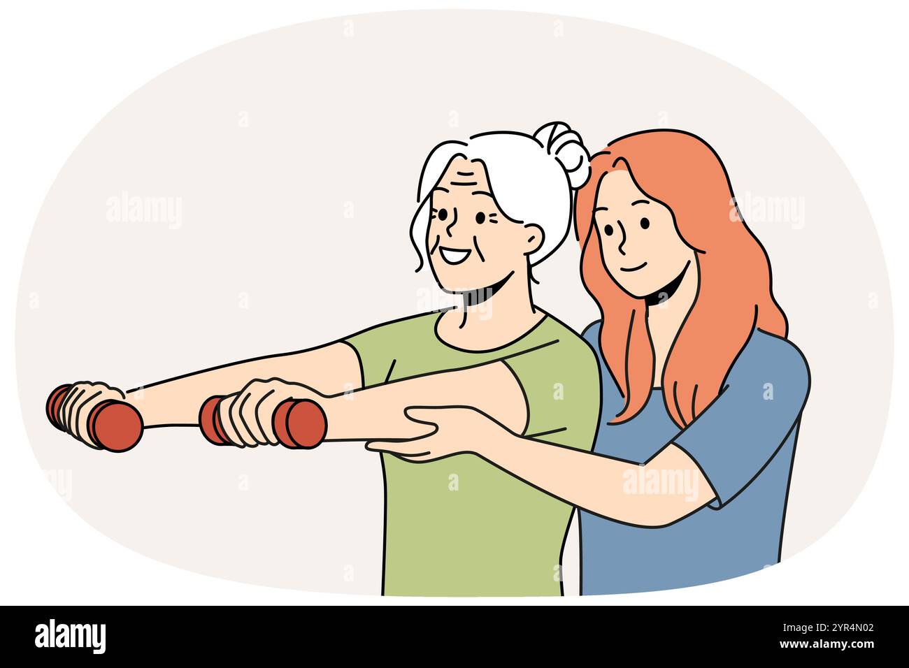 Elderly woman trains with physiotherapist and lifts dumbbells to stay ...